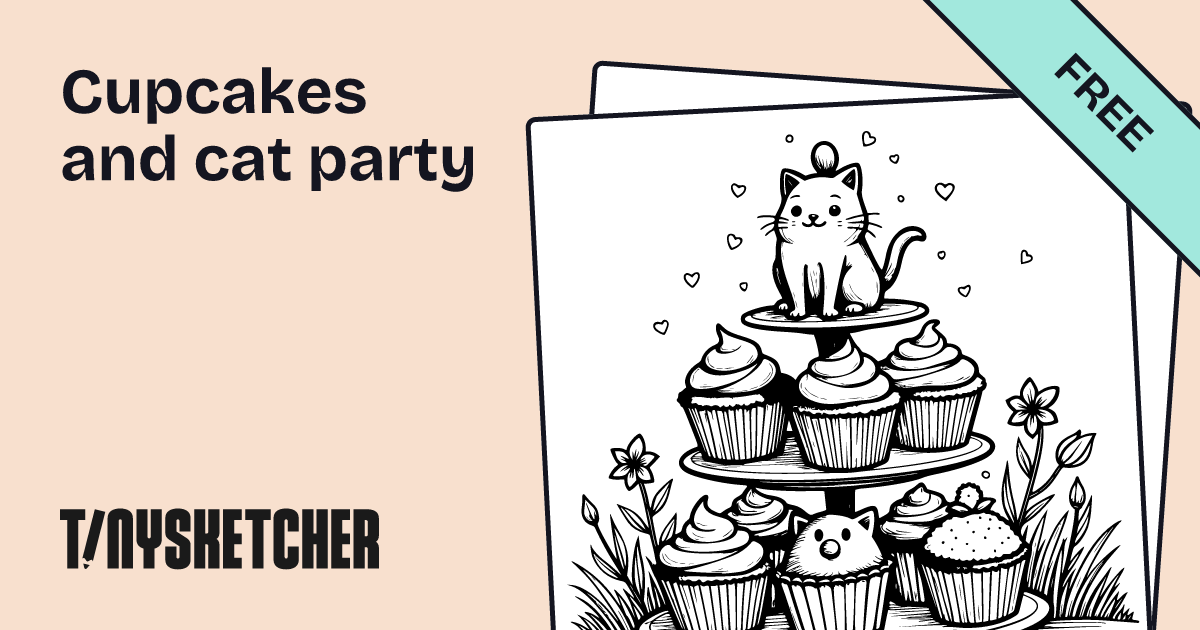 Cupcakes and cat party Coloring Page | Free Printables | Tiny Sketcher