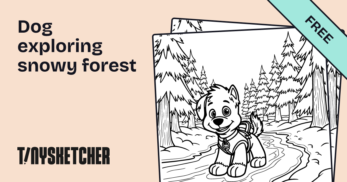 Dog exploring snowy forest Coloring Page | Free Printables | Tiny Sketcher