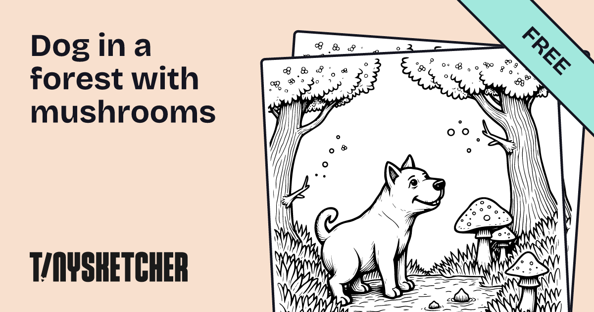 Dog in a forest with mushrooms Coloring Page | Free Printables | Tiny ...