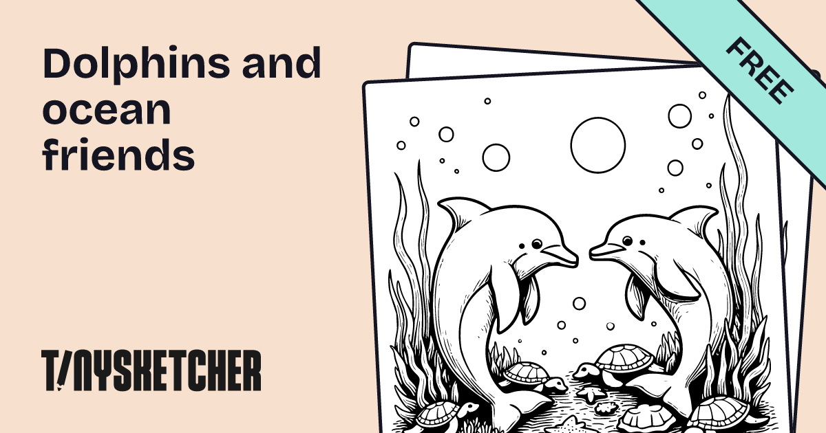 Dolphins and ocean friends Coloring Page | Free Printables | Tiny Sketcher