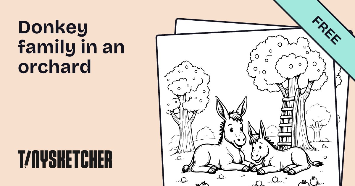 Donkey family in an orchard Coloring Page | Free Printables | Tiny Sketcher