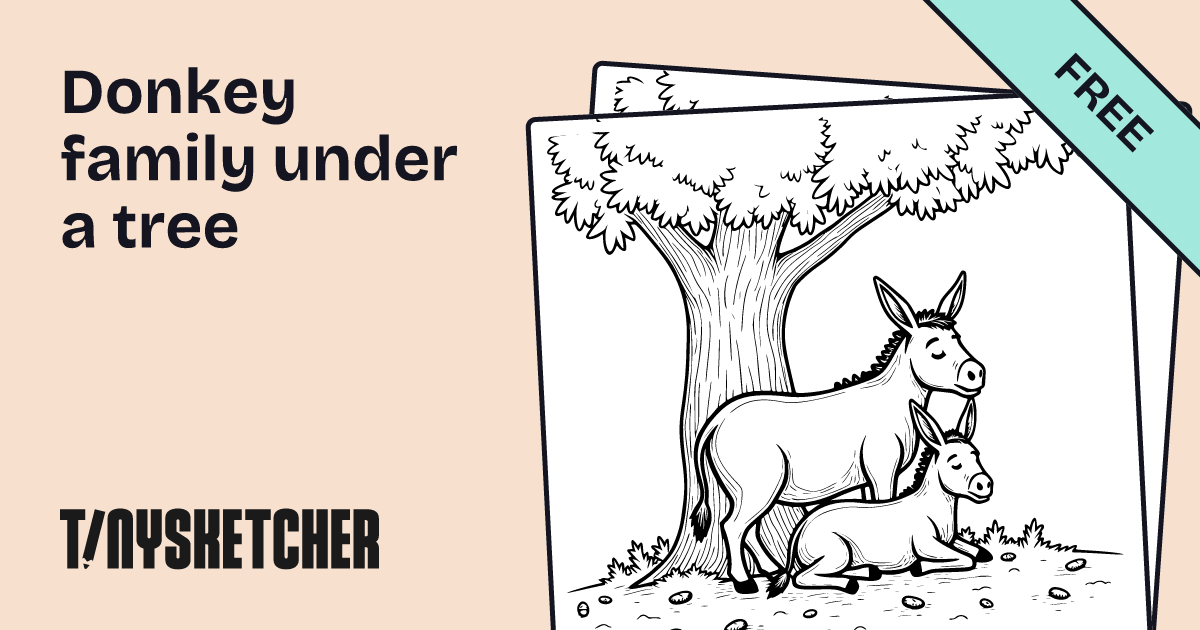 Donkey family under a tree Coloring Page | Free Printables | Tiny Sketcher