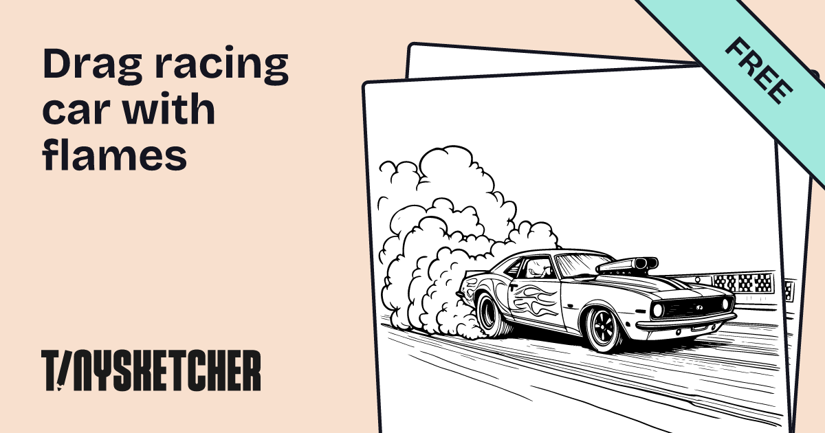 Drag racing car with flames Coloring Page | Free Printables | Tiny Sketcher