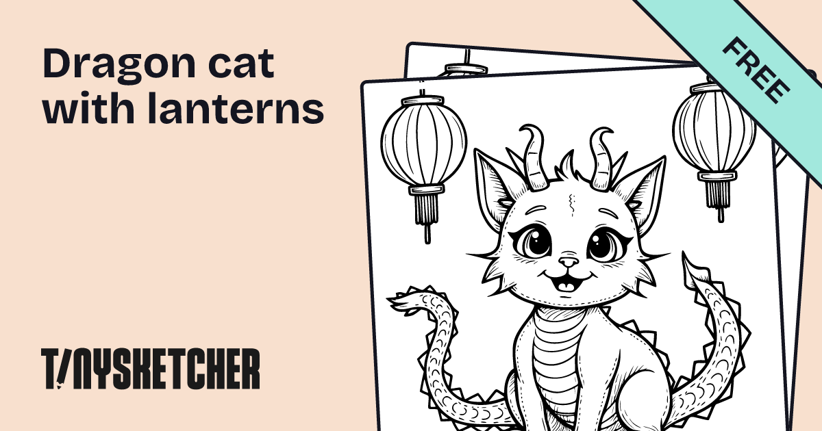 Dragon cat with lanterns Coloring Page | Free Printables | Tiny Sketcher