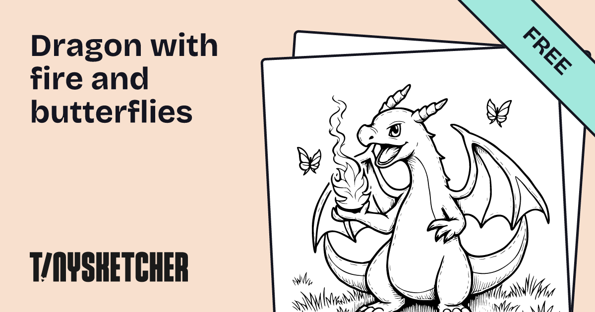 Dragon with fire and butterflies Coloring Page | Free Printables | Tiny ...