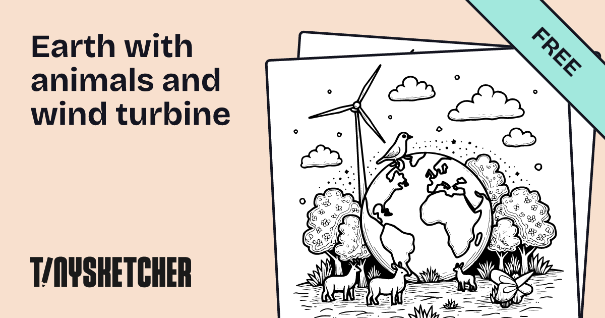 Earth with animals and wind turbine Coloring Page | Free Printables ...