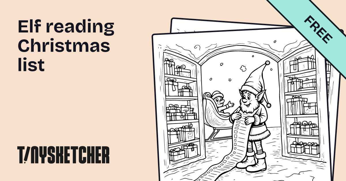 Elf reading Christmas list Coloring Page | Free Printables | Tiny Sketcher