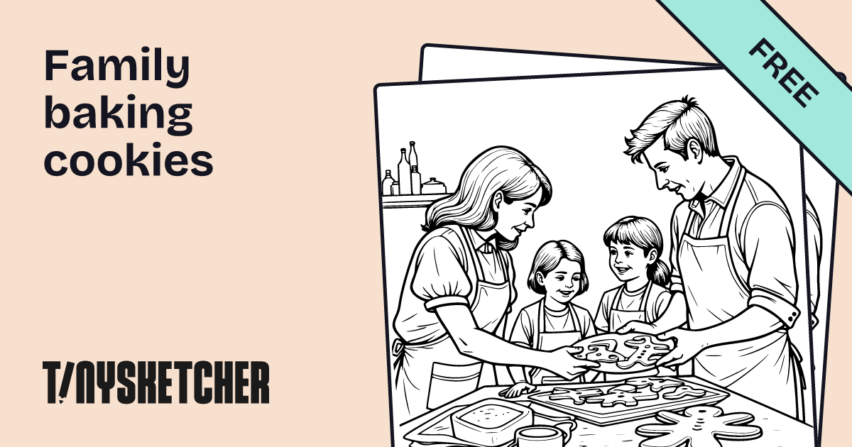 Family baking cookies Coloring Page | Free Printables | Tiny Sketcher