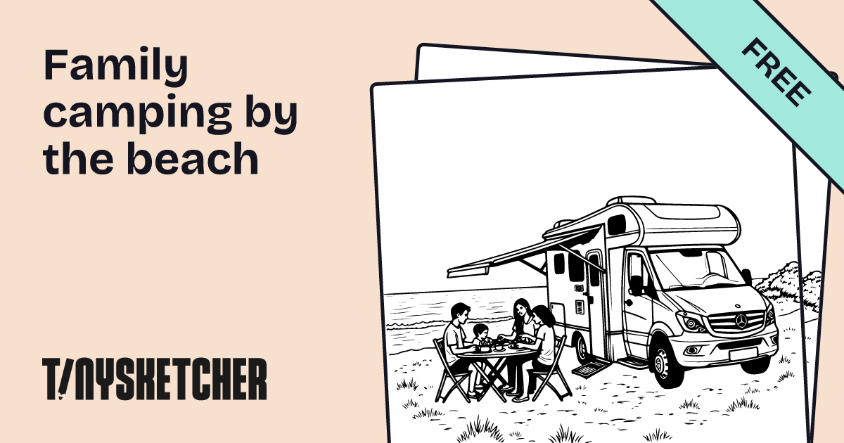 Family camping by the beach Coloring Page | Free Printables | Tiny Sketcher