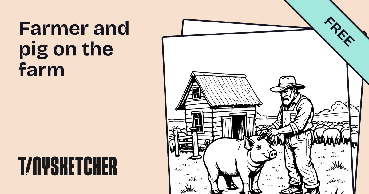 Farmer and pig on the farm Coloring Page | Free Printables | Tiny Sketcher
