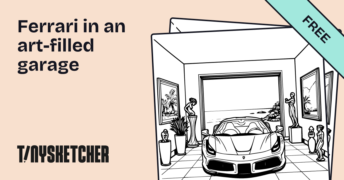 Ferrari in an art-filled garage Coloring Page | Free Printables | Tiny ...