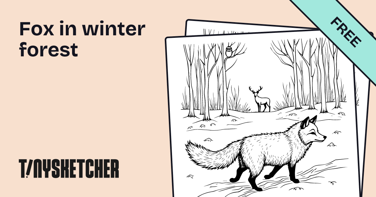 Fox in winter forest Coloring Page | Free Printables | Tiny Sketcher