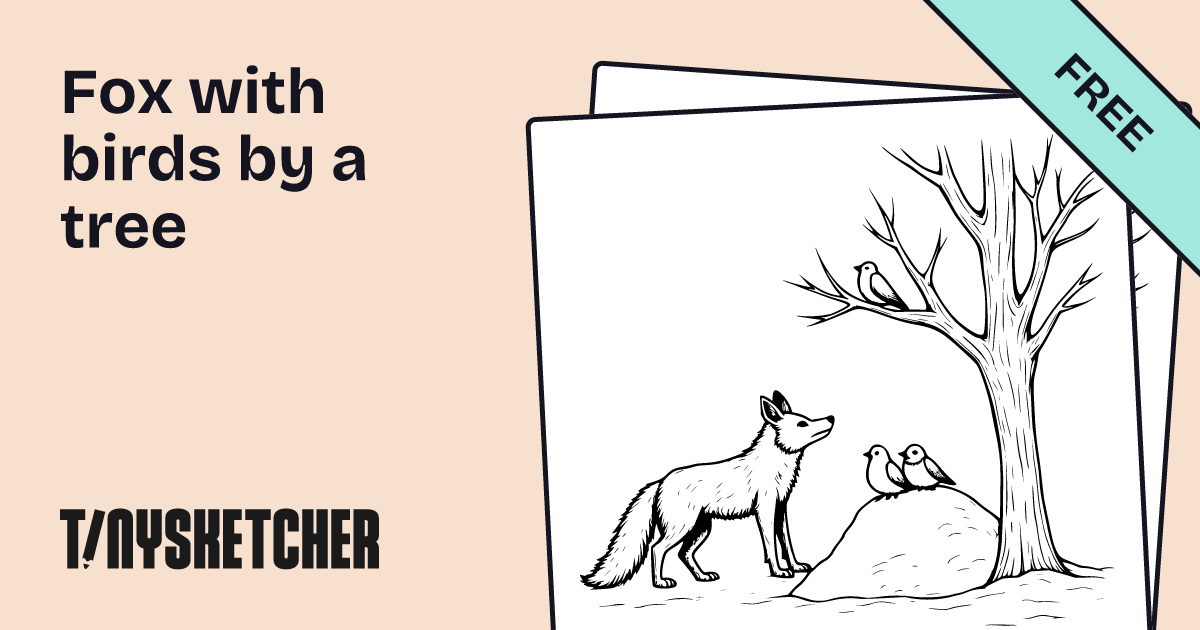Fox with birds by a tree Coloring Page | Free Printables | Tiny Sketcher