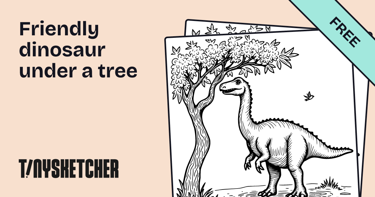 Friendly dinosaur under a tree Coloring Page | Free Printables | Tiny ...