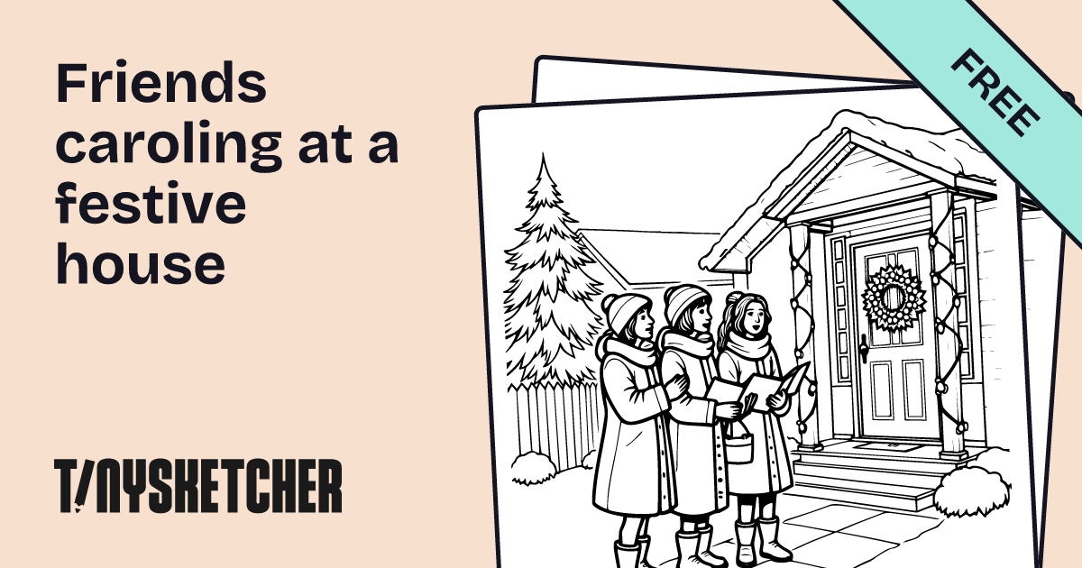 Friends caroling at a festive house Coloring Page | Free Printables ...