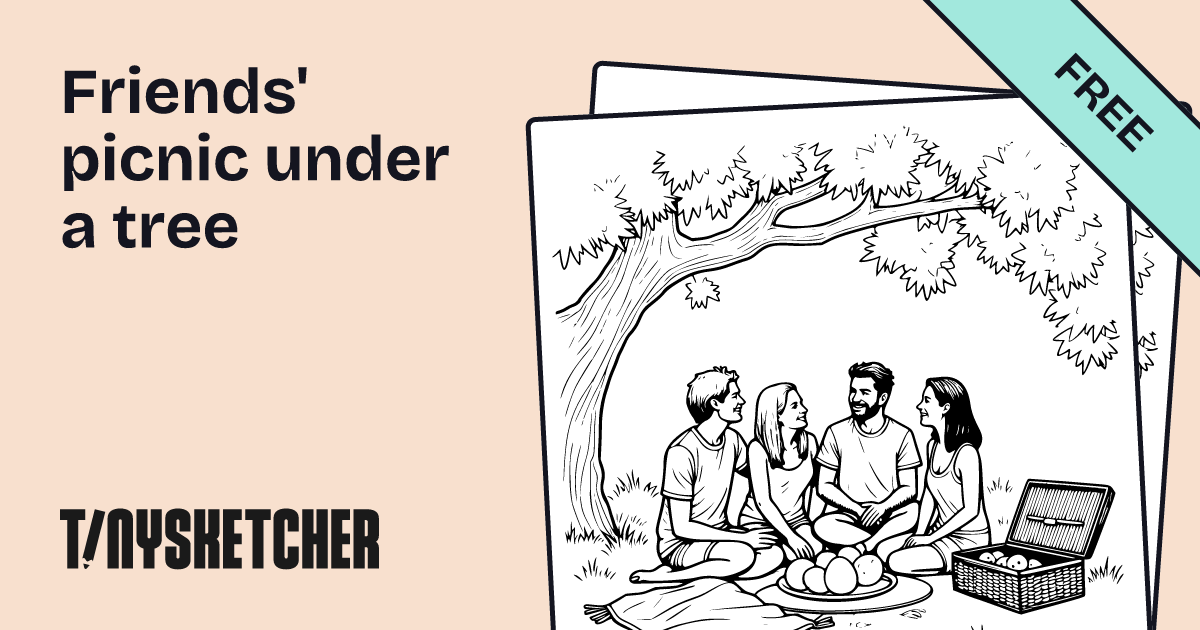 Friends' picnic under a tree Coloring Page | Free Printables | Tiny ...