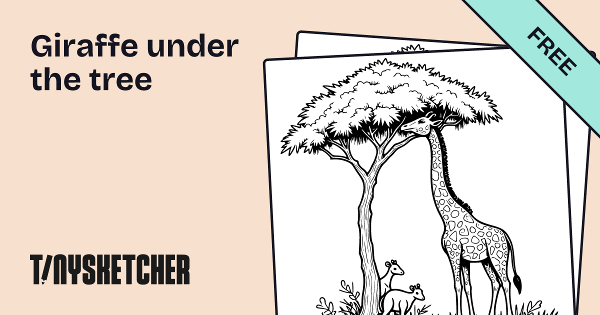 Giraffe under the tree Coloring Page | Free Printables | Tiny Sketcher