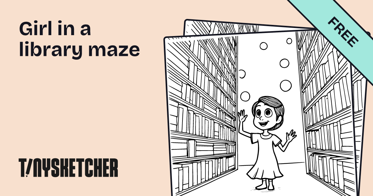 Girl in a library maze Coloring Page | Free Printables | Tiny Sketcher