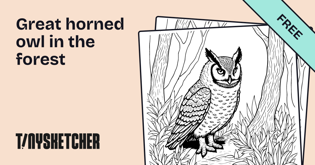 Great horned owl in the forest Coloring Page | Free Printables | Tiny ...