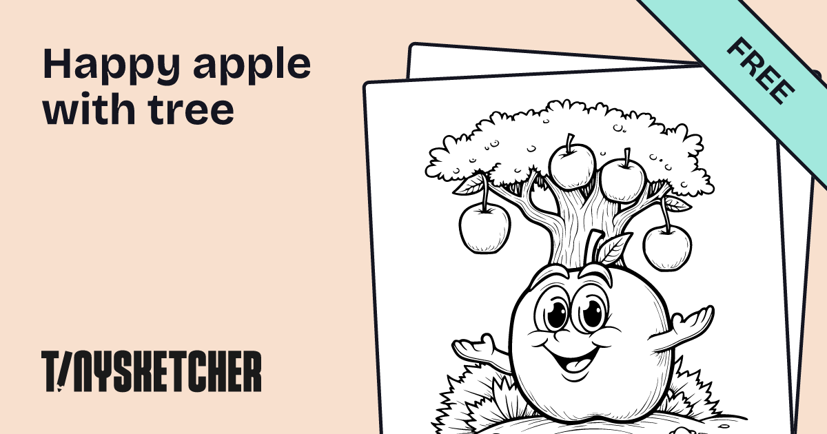 Happy apple with tree Coloring Page | Free Printables | Tiny Sketcher