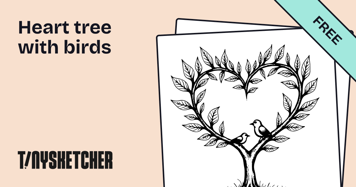 Heart tree with birds Coloring Page | Free Printables | Tiny Sketcher