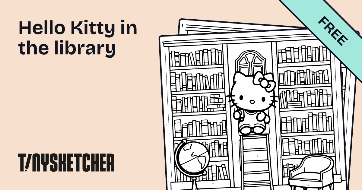 Hello Kitty in the library Coloring Page | Free Printables | Tiny Sketcher