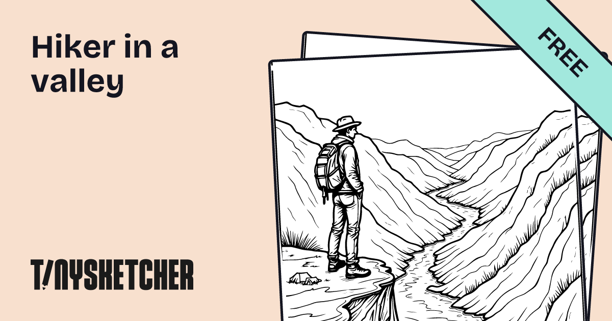 Hiker in a valley Coloring Page | Free Printables | Tiny Sketcher