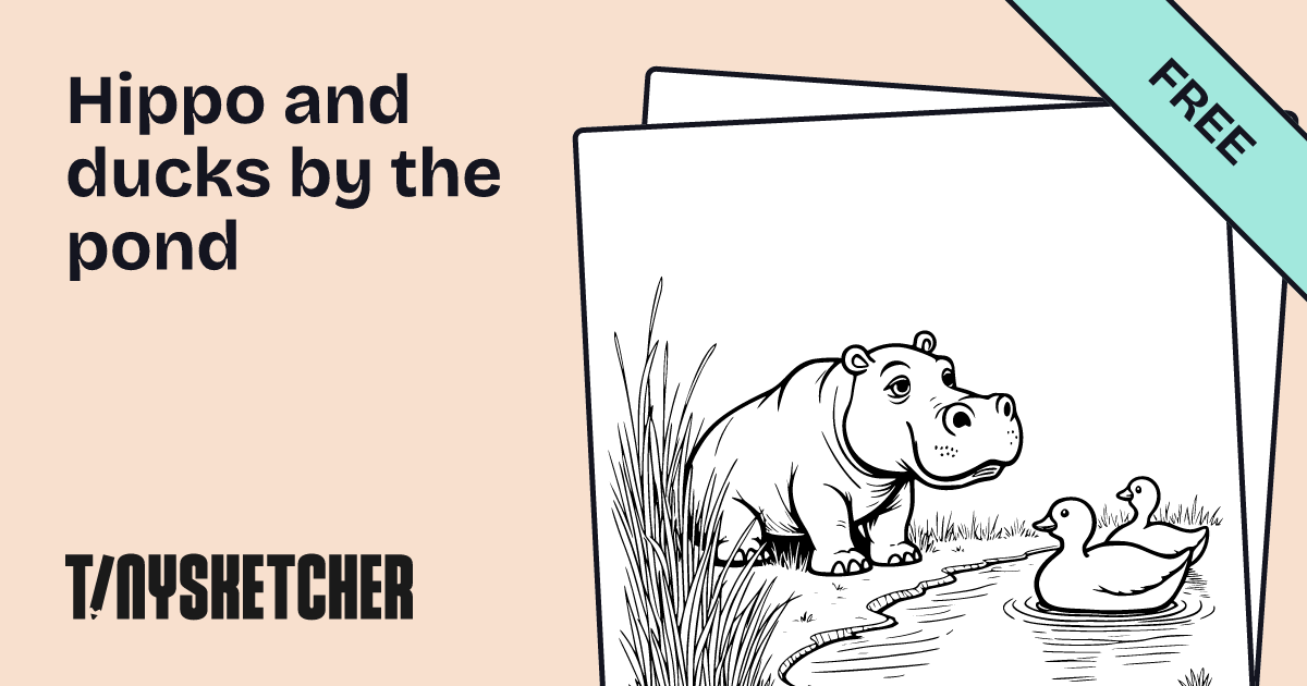 Hippo and ducks by the pond Coloring Page | Free Printables | Tiny Sketcher