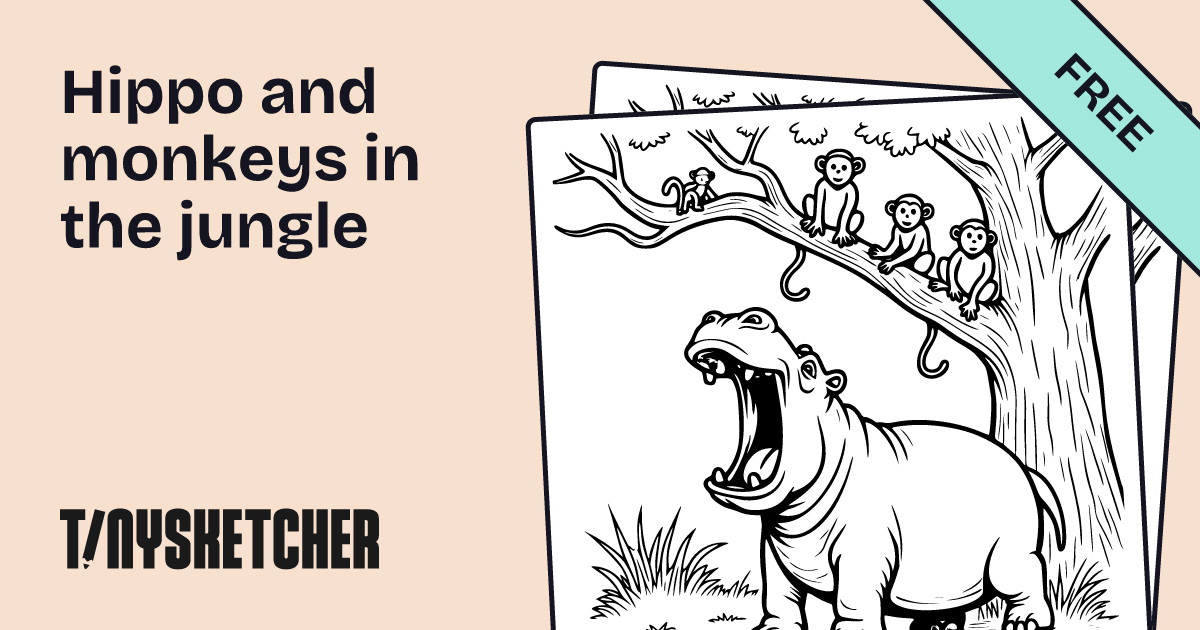 Hippo and monkeys in the jungle Coloring Page | Free Printables | Tiny ...