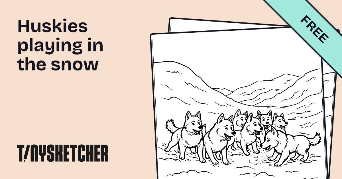 Huskies playing in the snow Coloring Page | Free Printables | Tiny Sketcher