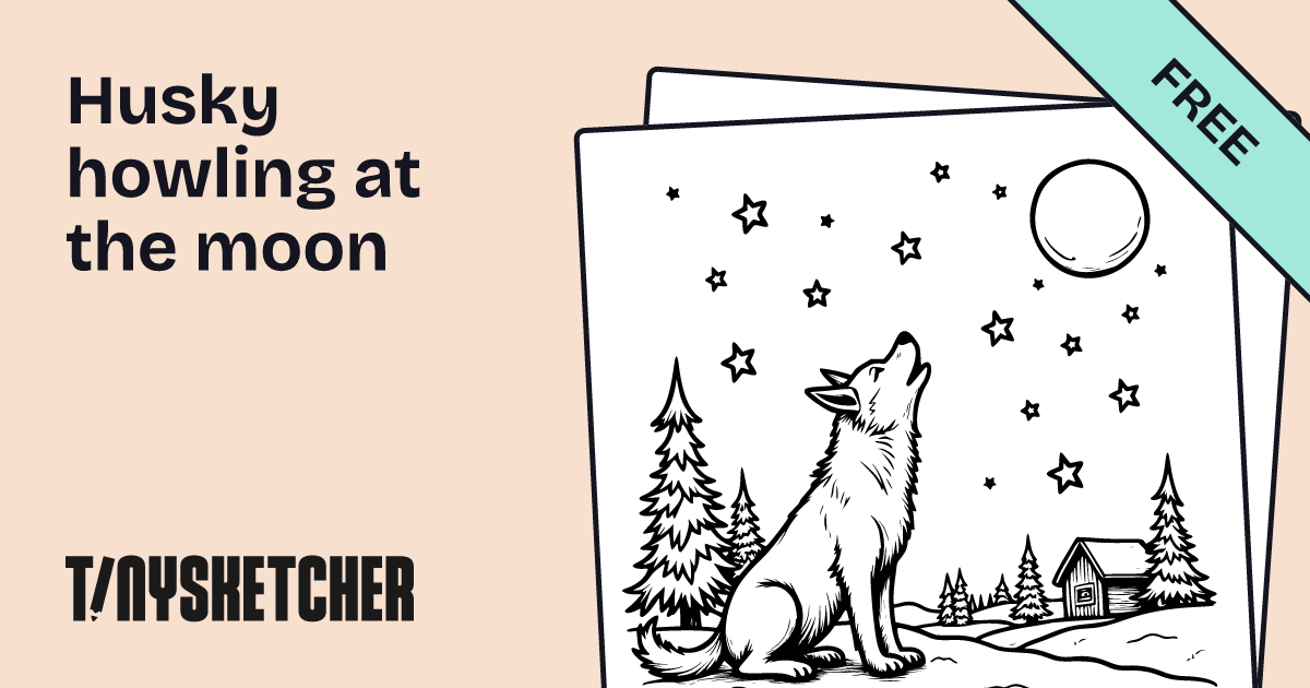 Husky howling at the moon Coloring Page | Free Printables | Tiny Sketcher