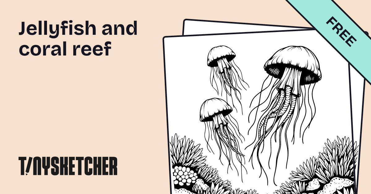 Jellyfish and coral reef Coloring Page | Free Printables | Tiny Sketcher