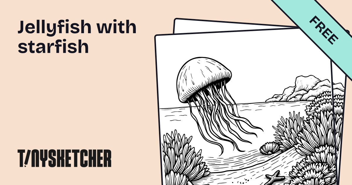 Jellyfish with starfish Coloring Page | Free Printables | Tiny Sketcher
