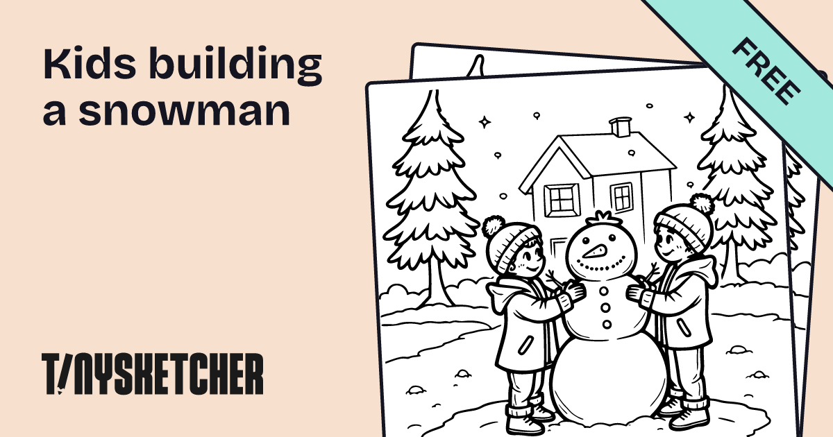 Kids building a snowman Coloring Page | Free Printables | Tiny Sketcher
