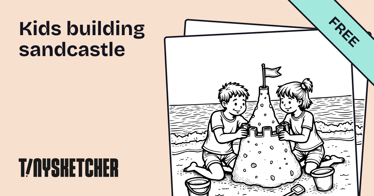 Kids building sandcastle Coloring Page | Free Printables | Tiny Sketcher
