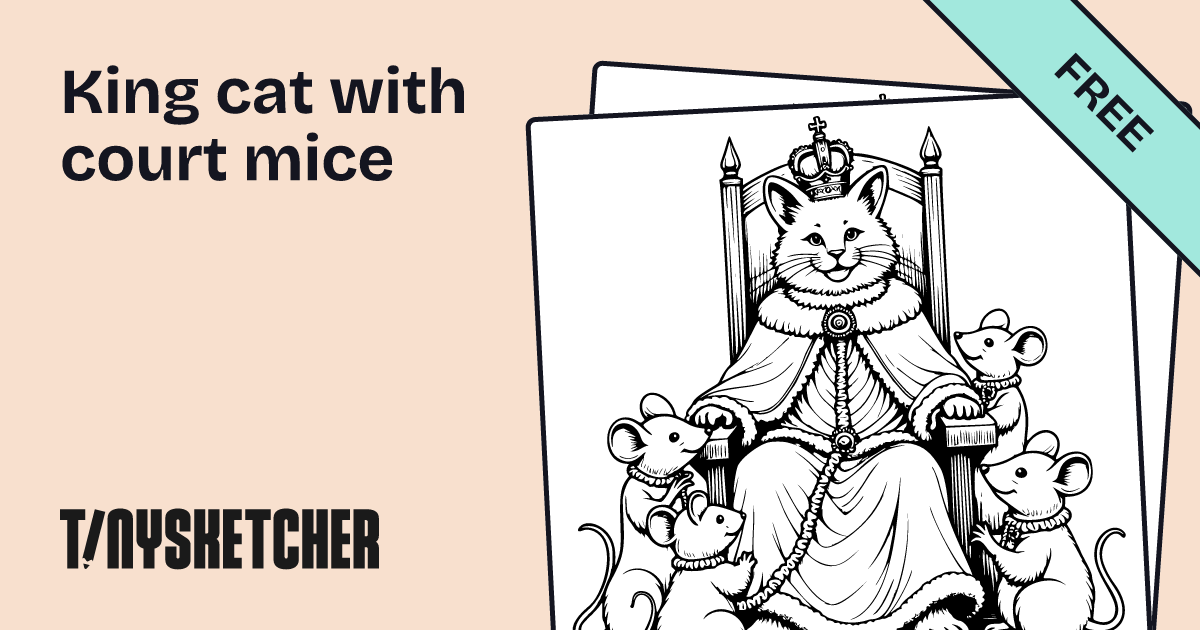 King cat with court mice Coloring Page | Free Printables | Tiny Sketcher