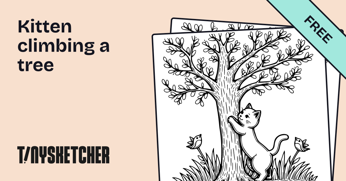 Kitten climbing a tree Coloring Page | Free Printables | Tiny Sketcher