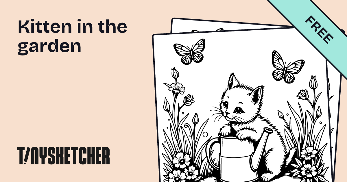 Kitten in the garden Coloring Page | Free Printables | Tiny Sketcher
