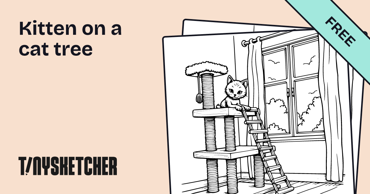 Kitten on a cat tree Coloring Page | Free Printables | Tiny Sketcher