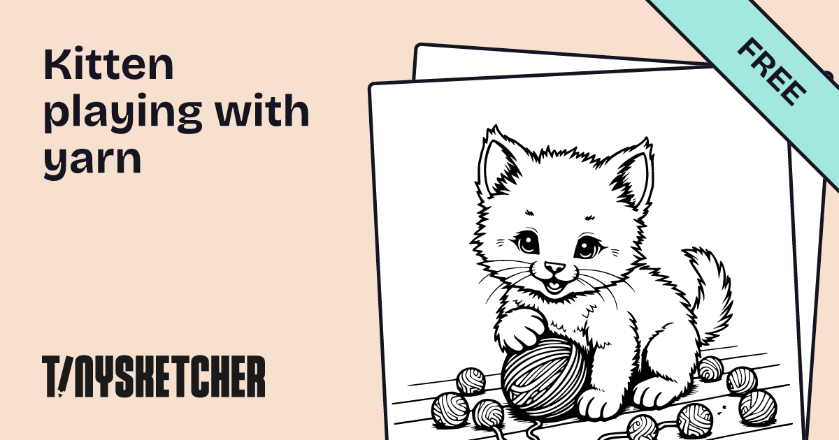 Kitten playing with yarn Coloring Page | Free Printables | Tiny Sketcher