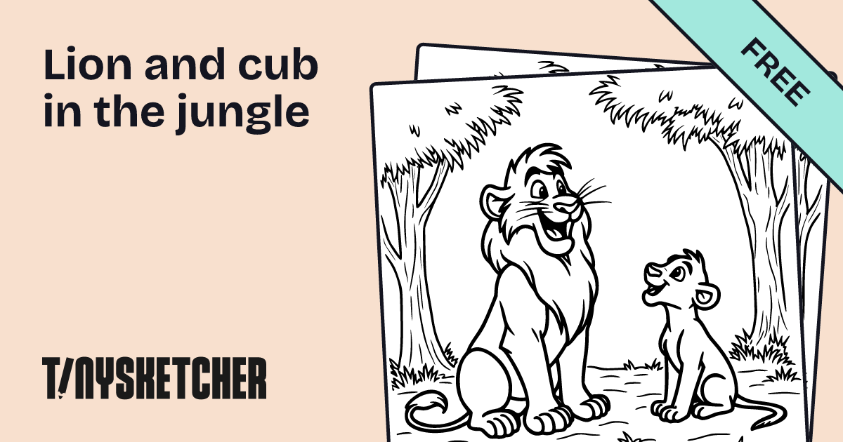 Lion and cub in the jungle Coloring Page | Free Printables | Tiny Sketcher