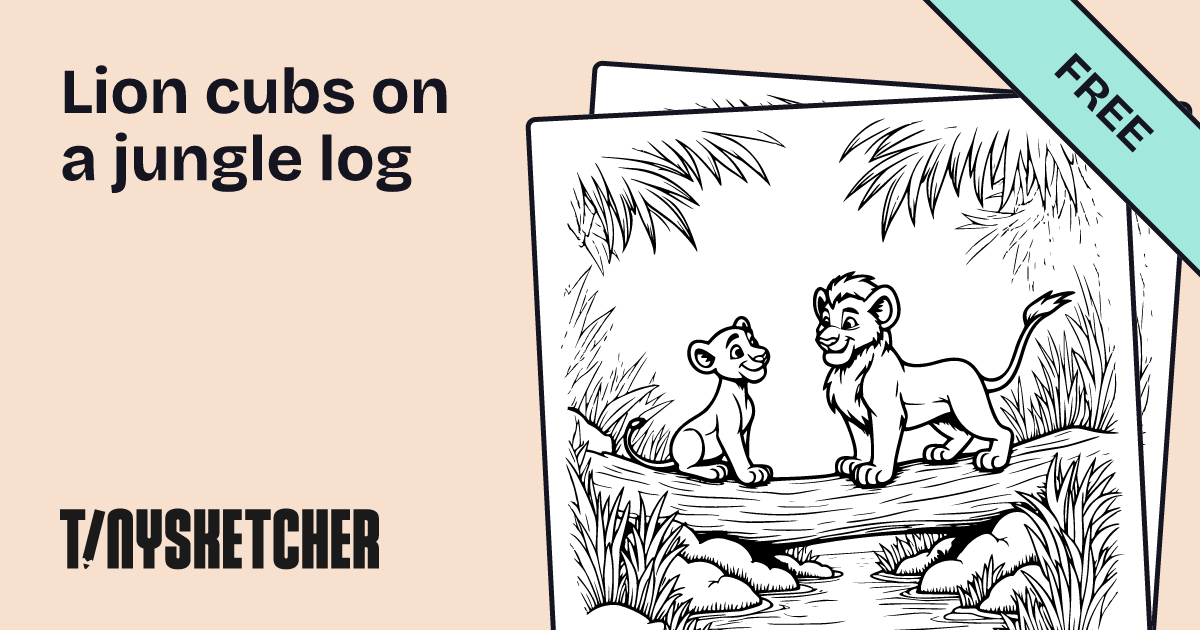 Lion cubs on a jungle log Coloring Page | Free Printables | Tiny Sketcher