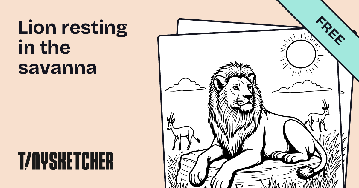 Lion resting in the savanna Coloring Page | Free Printables | Tiny Sketcher