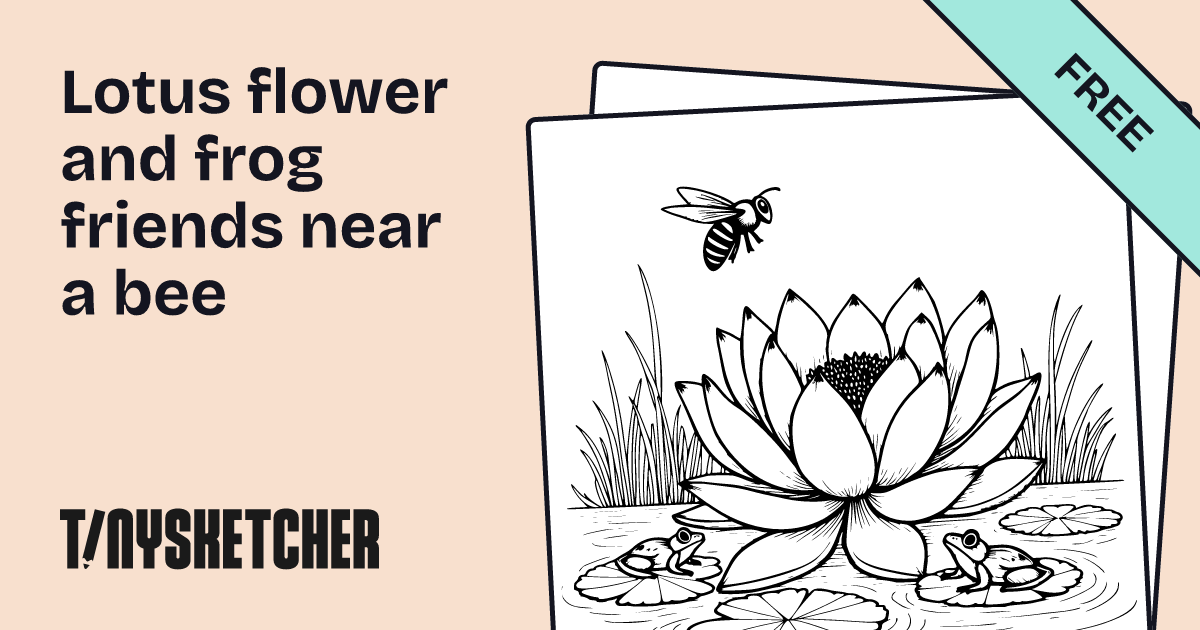 Lotus flower and frog friends near a bee Coloring Page | Free ...