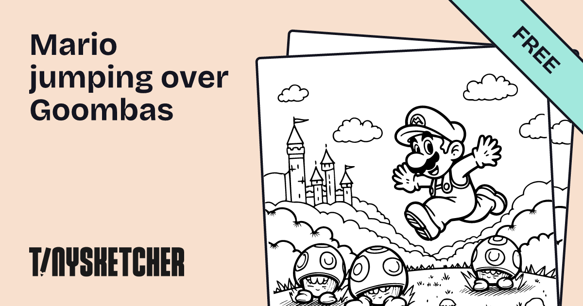 Mario jumping over Goombas Coloring Page | Free Printables | Tiny Sketcher