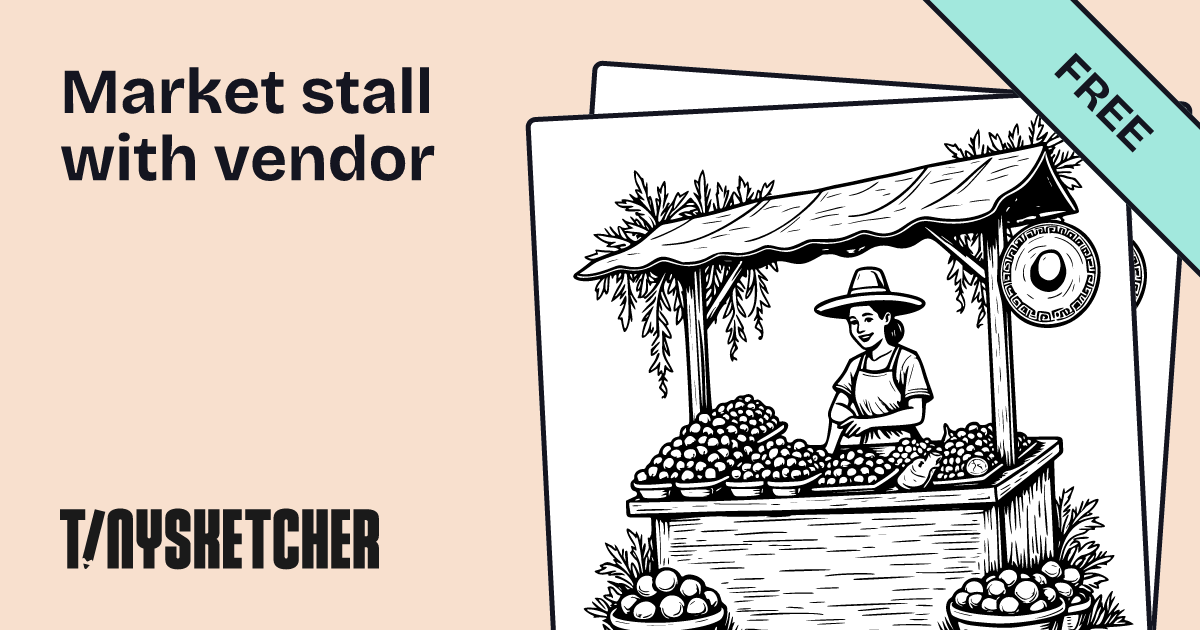 Market stall with vendor Coloring Page | Free Printables | Tiny Sketcher