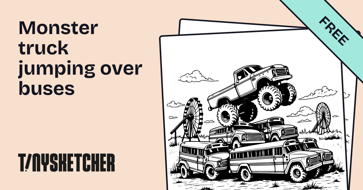 Monster truck jumping over buses Coloring Page | Free Printables | Tiny ...