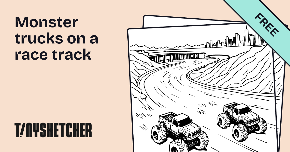 Monster trucks on a race track Coloring Page | Free Printables | Tiny ...