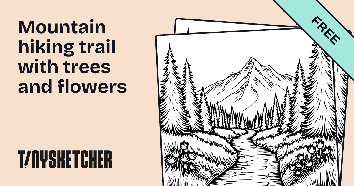 Mountain hiking trail with trees and flowers Coloring Page | Free ...