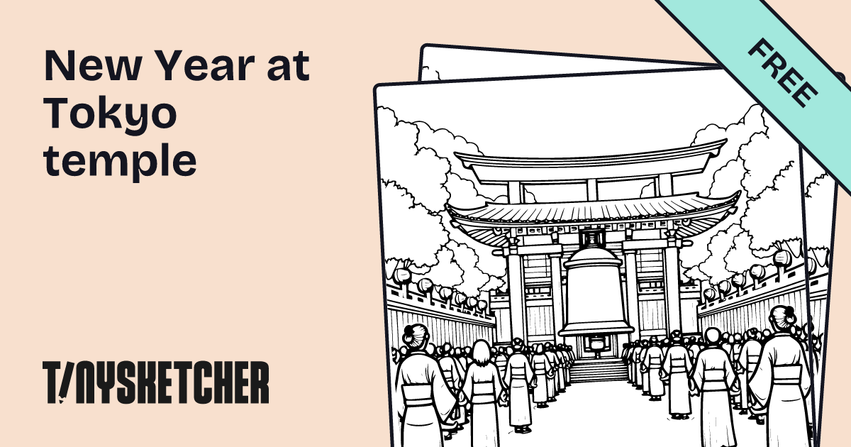New Year at Tokyo temple Coloring Page | Free Printables | Tiny Sketcher
